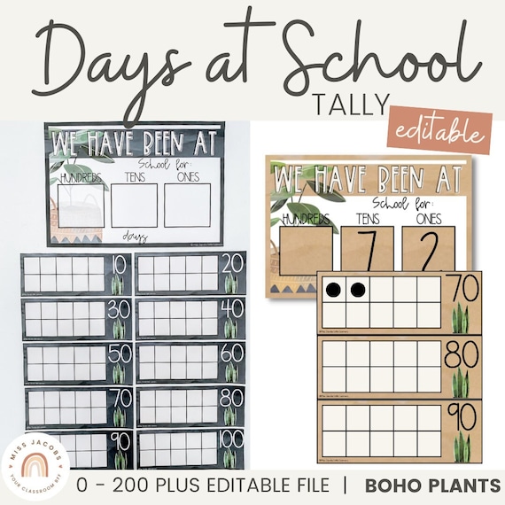 Modern Boho Plants Days at School Tally Editable Rustic - Etsy