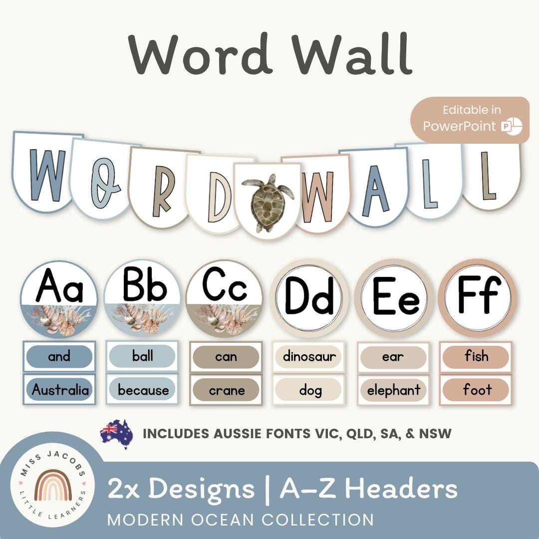 Modern Ocean Word Wall With Bunting, Printable Alphabet Word Wall ...