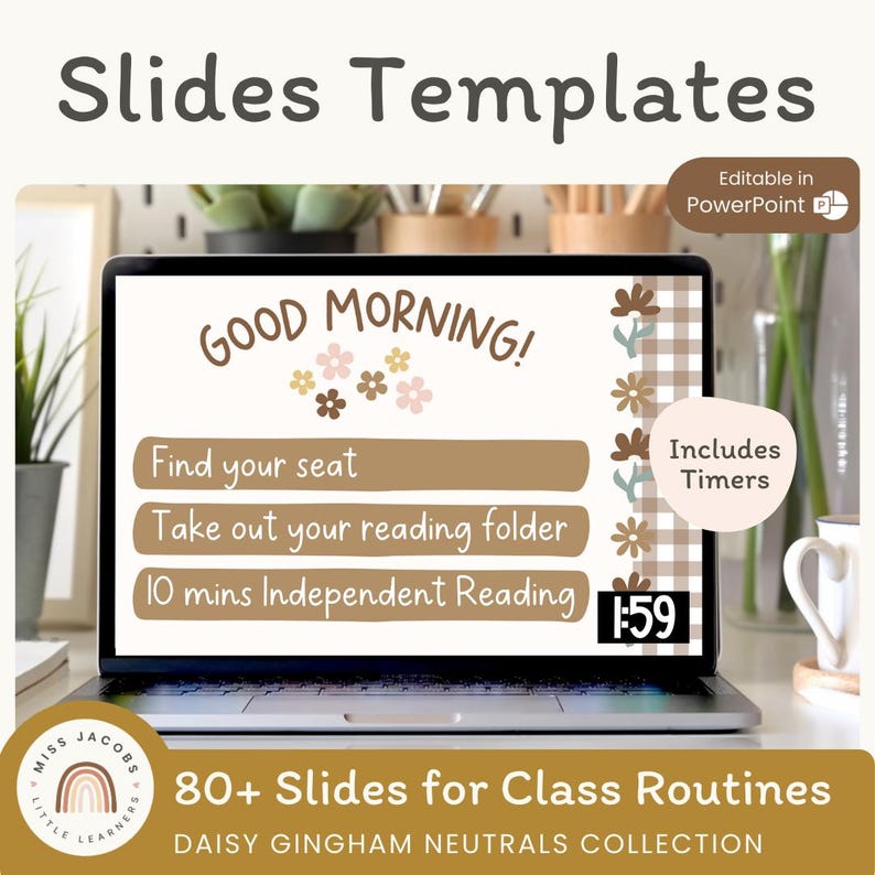 Morning Slides With Timers | Daisy Gingham Neutral Classroom Decor ...