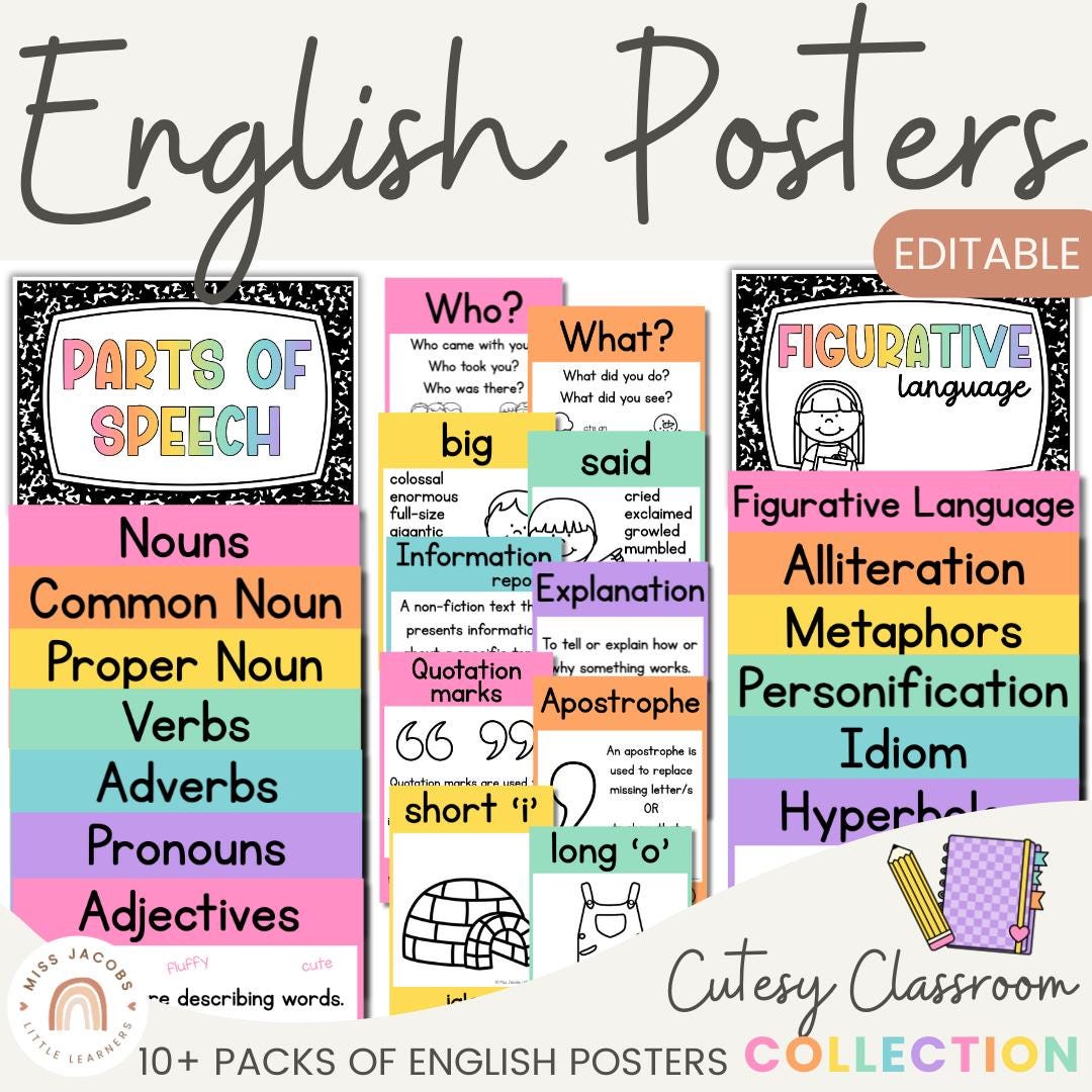 CUTESY English Classroom Posters Bundle (set of 12), Prek to Grade ...