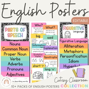 CUTESY English Classroom Posters Bundle (set of 12), Prek to Grade ...