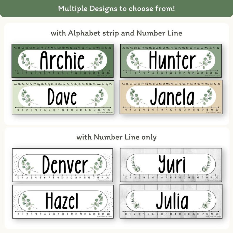 Editable Desk Name Tags With Alphabet & Number Line, Modern Botanical ...