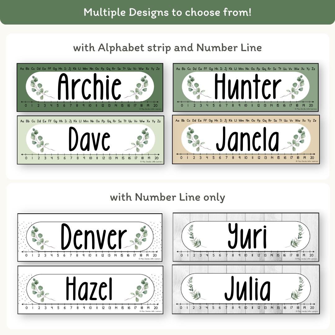Editable Desk Name Tags With Alphabet & Number Line, Modern Botanical ...