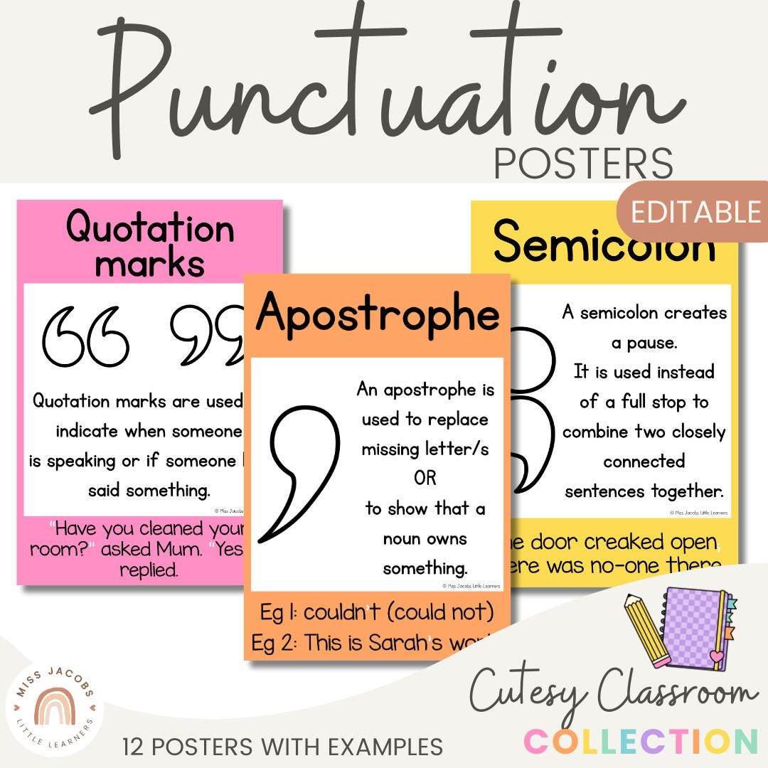Cutesy Punctuation Posters, Printable English Anchor Charts, Editable ...