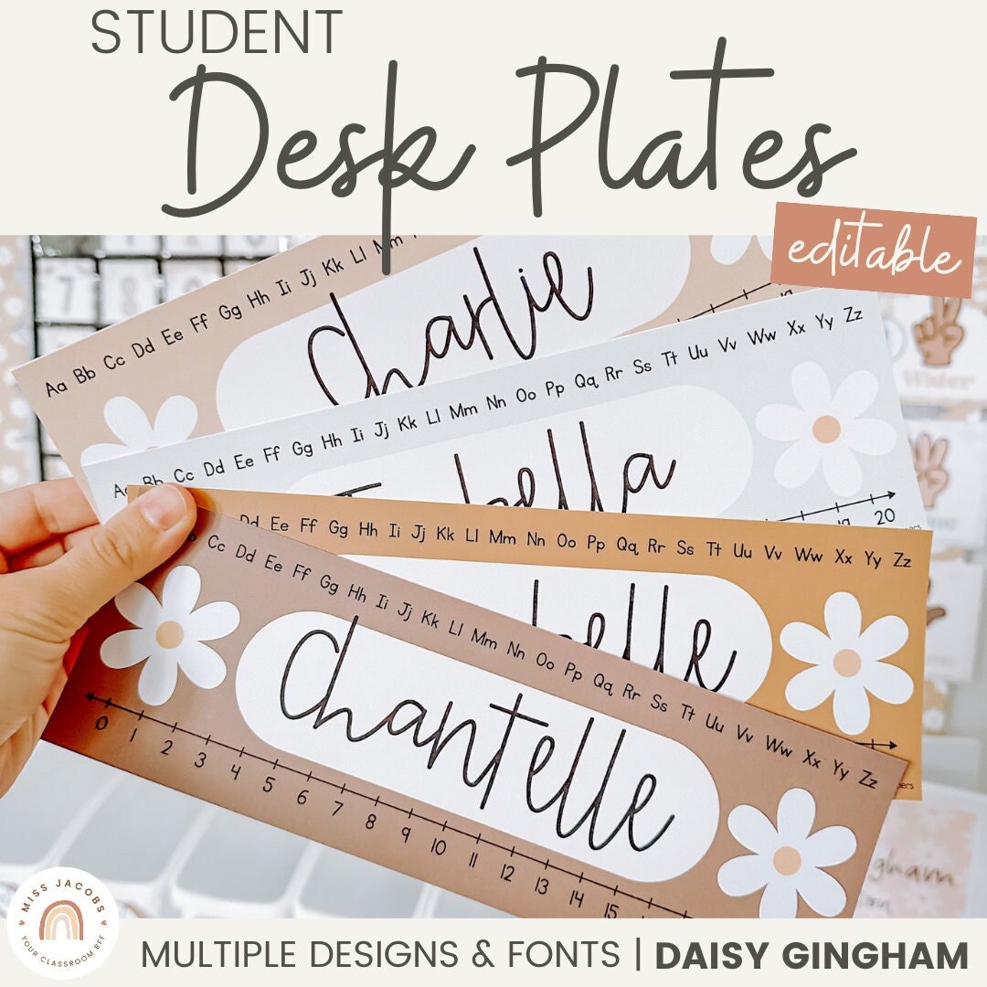 Student Desk Plates and Supply Labels Daisy Gingham Neutrals Classroom ...