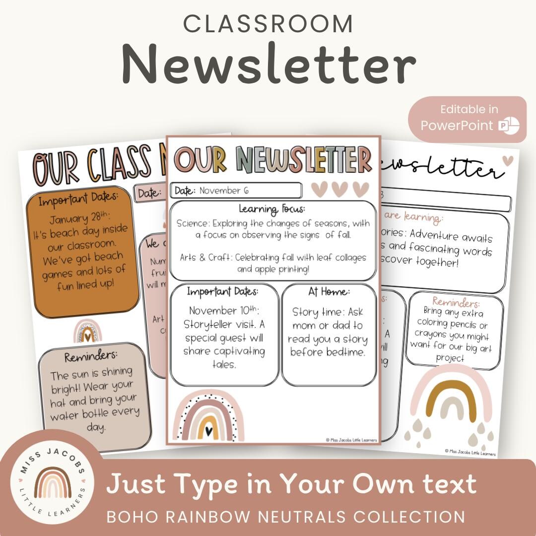 Classroom Newsletter Templates | Editable | Boho Rainbow Classroom ...