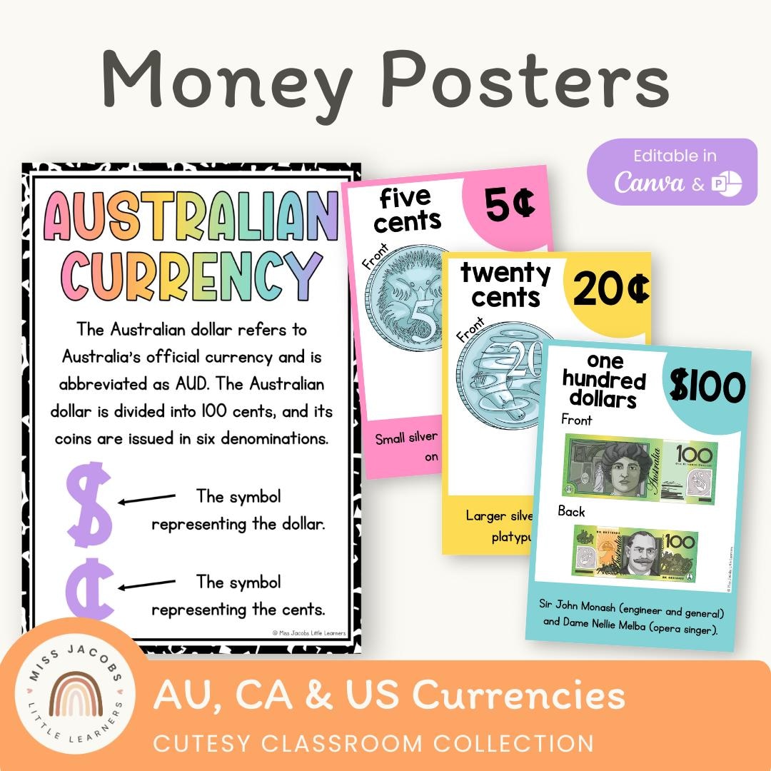 Cutesy Money Posters, Printable USD AUD CAD Coin & Dollar Bill Value ...