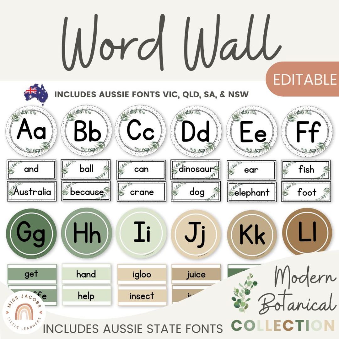 Alphabet Word Wall Botanical Template, Editable A–Z Headers & Word ...