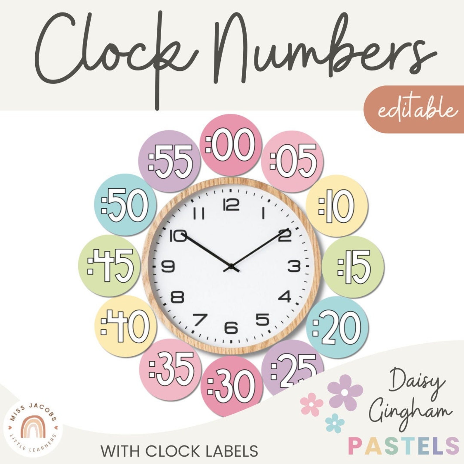 Clock Numbers Daisy Gingham Pastels Classroom Decor Editable - Etsy