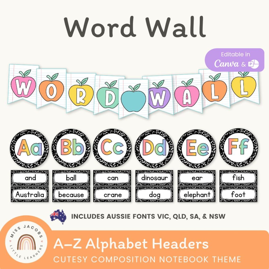 Cutesy Alphabet Word Wall, Editable Word Wall Vocabulary Sight Words ...