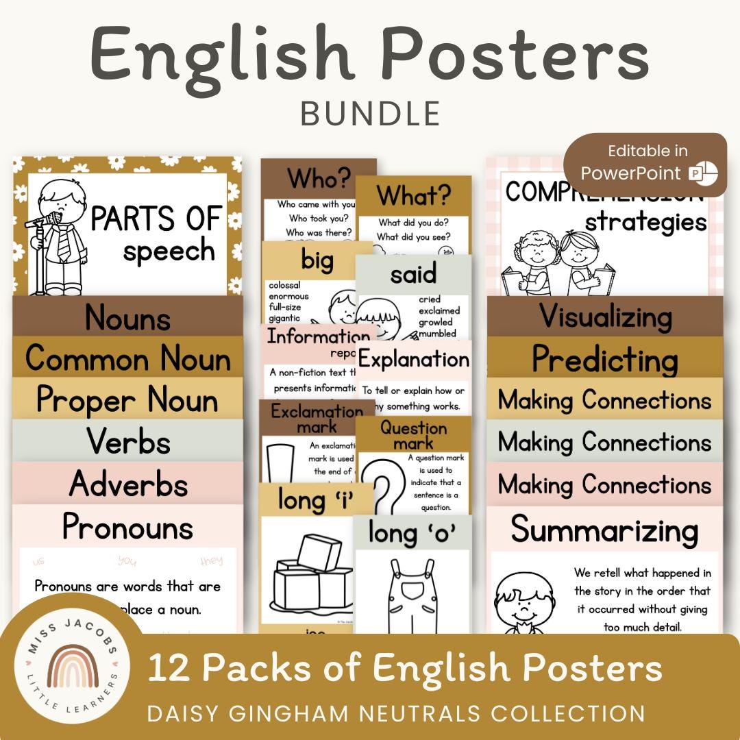 English Posters BUNDLE Daisy Gingham Neutrals, Parts of Speech, Figures ...