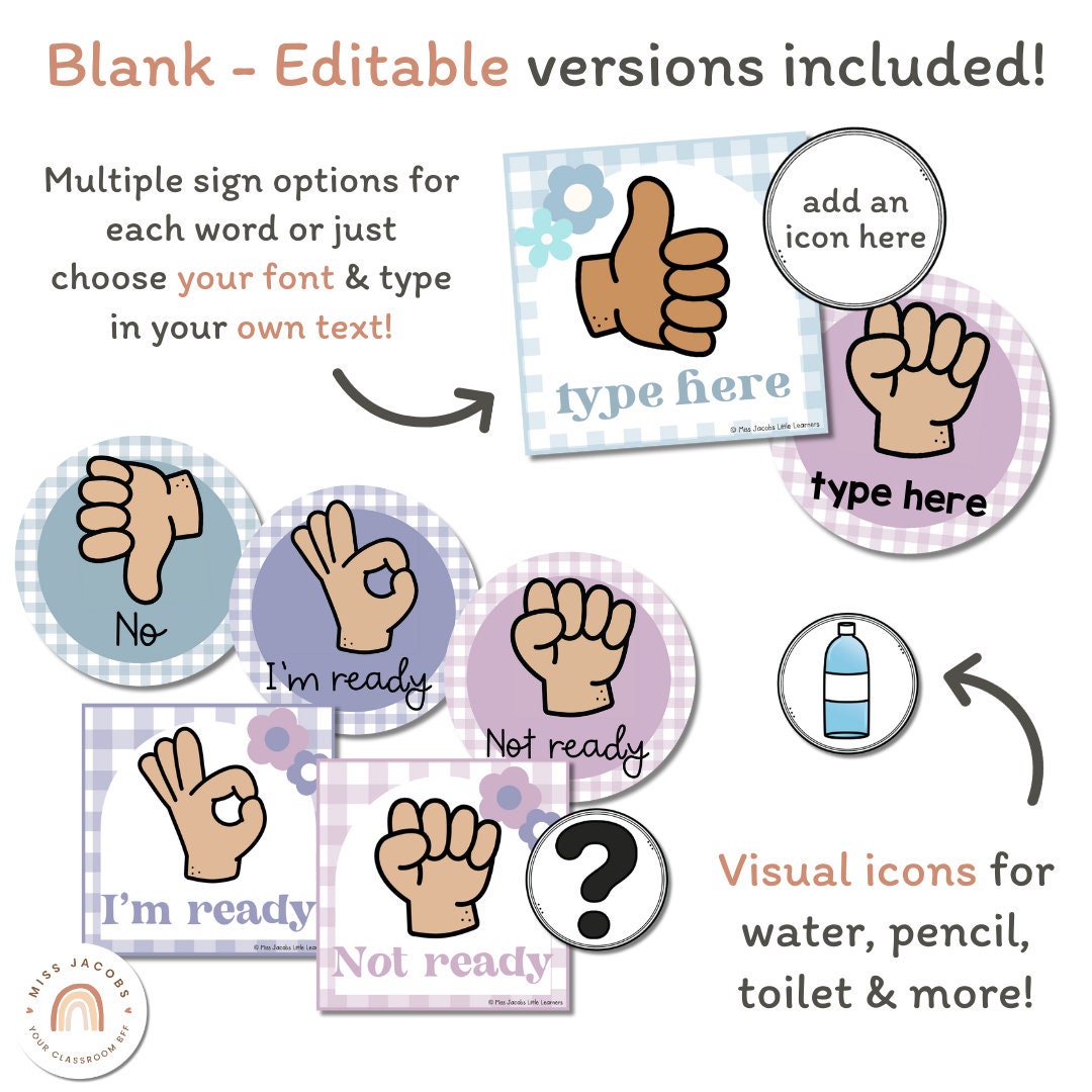 Hand Signals | Daisy Gingham Pastels Classroom Decor | Editable - Etsy