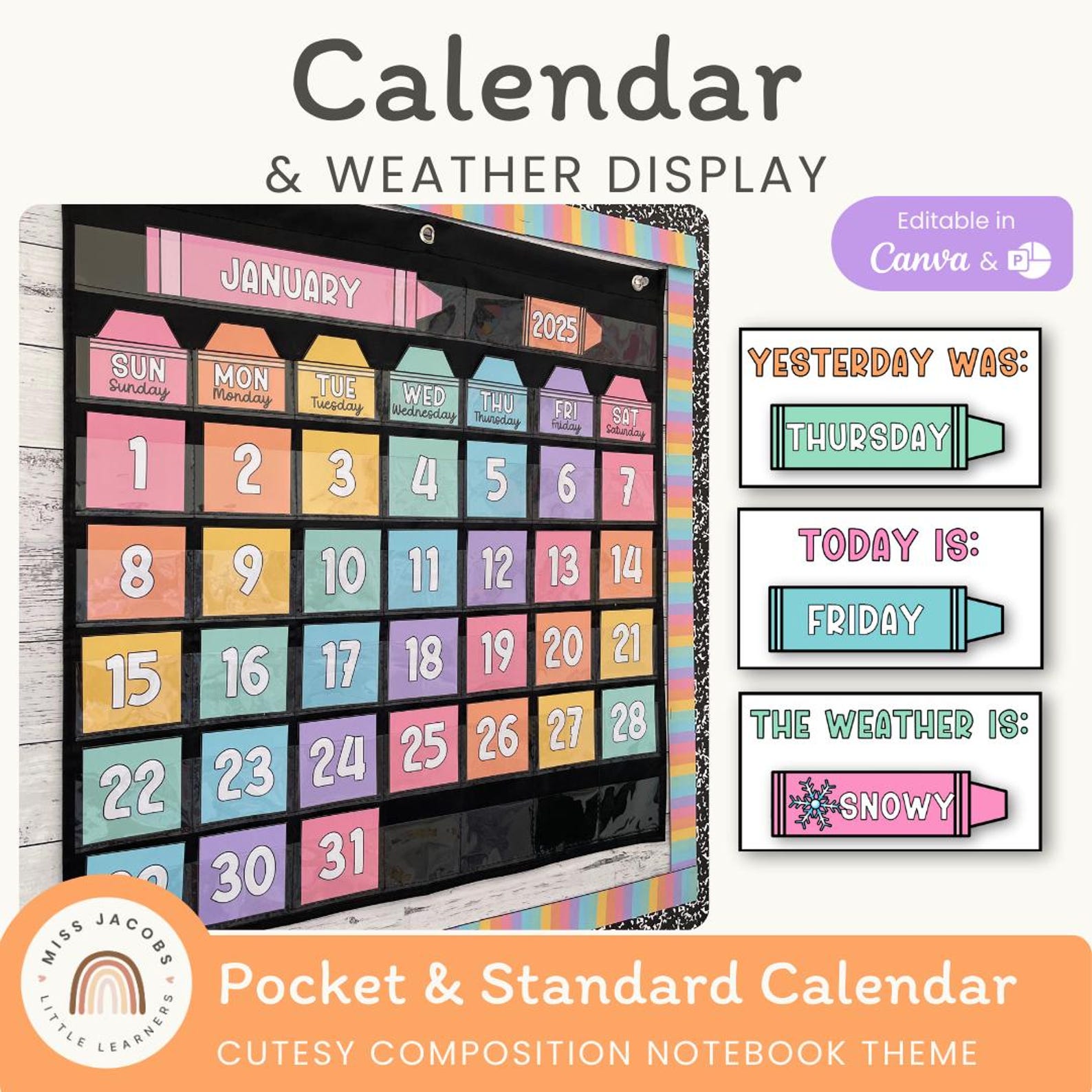 Cutesy Calendar and Weather Classroom Display, Printable Teacher Pocket ...