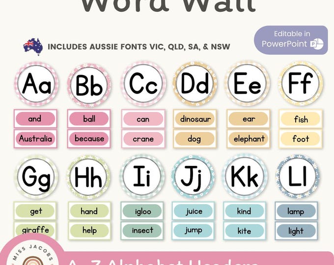 Alphabet Word Wall, Daisy Gingham Pastels Printable Alphabet Word ...