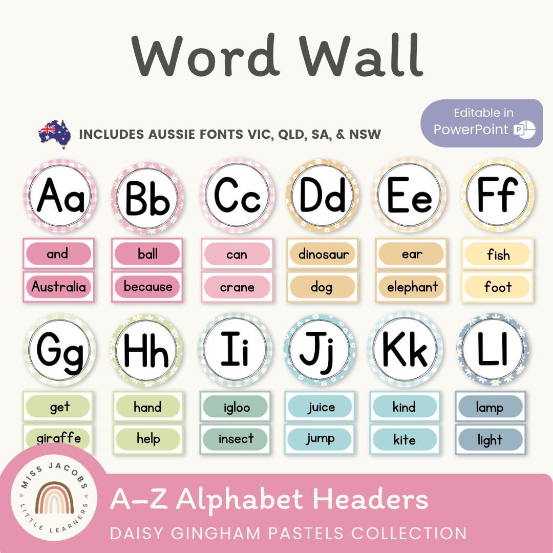 Alphabet Word Wall, Daisy Gingham Pastels Printable Alphabet Word ...
