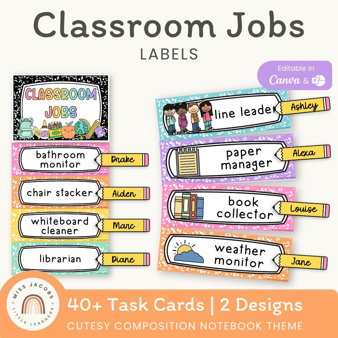 Cutesy Classroom Job Chart Composition Book Theme, Editable Class Job ...