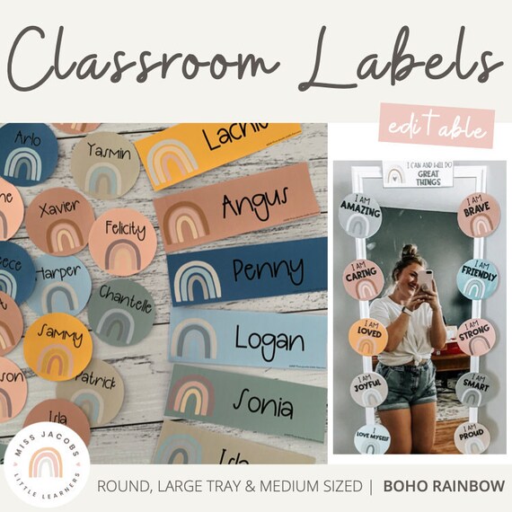 BOHO RAINBOW Classroom Labels Bundle Editable Neutral | Etsy