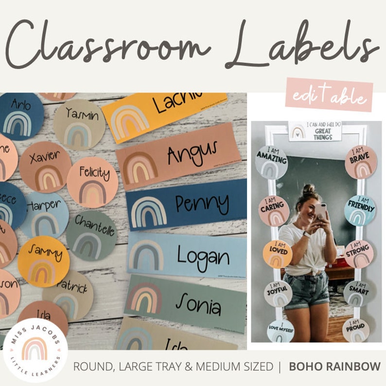 BOHO RAINBOW Classroom Labels Bundle Editable Neutral | Etsy