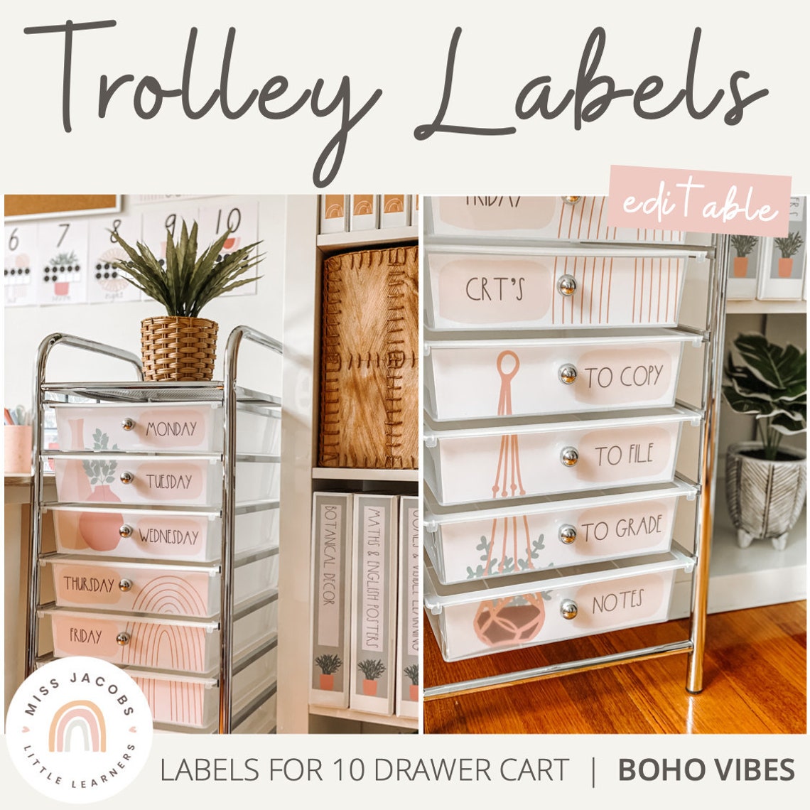 BOHO VIBES 10 Drawer Rolling Cart Labels Editable Desert - Etsy UK