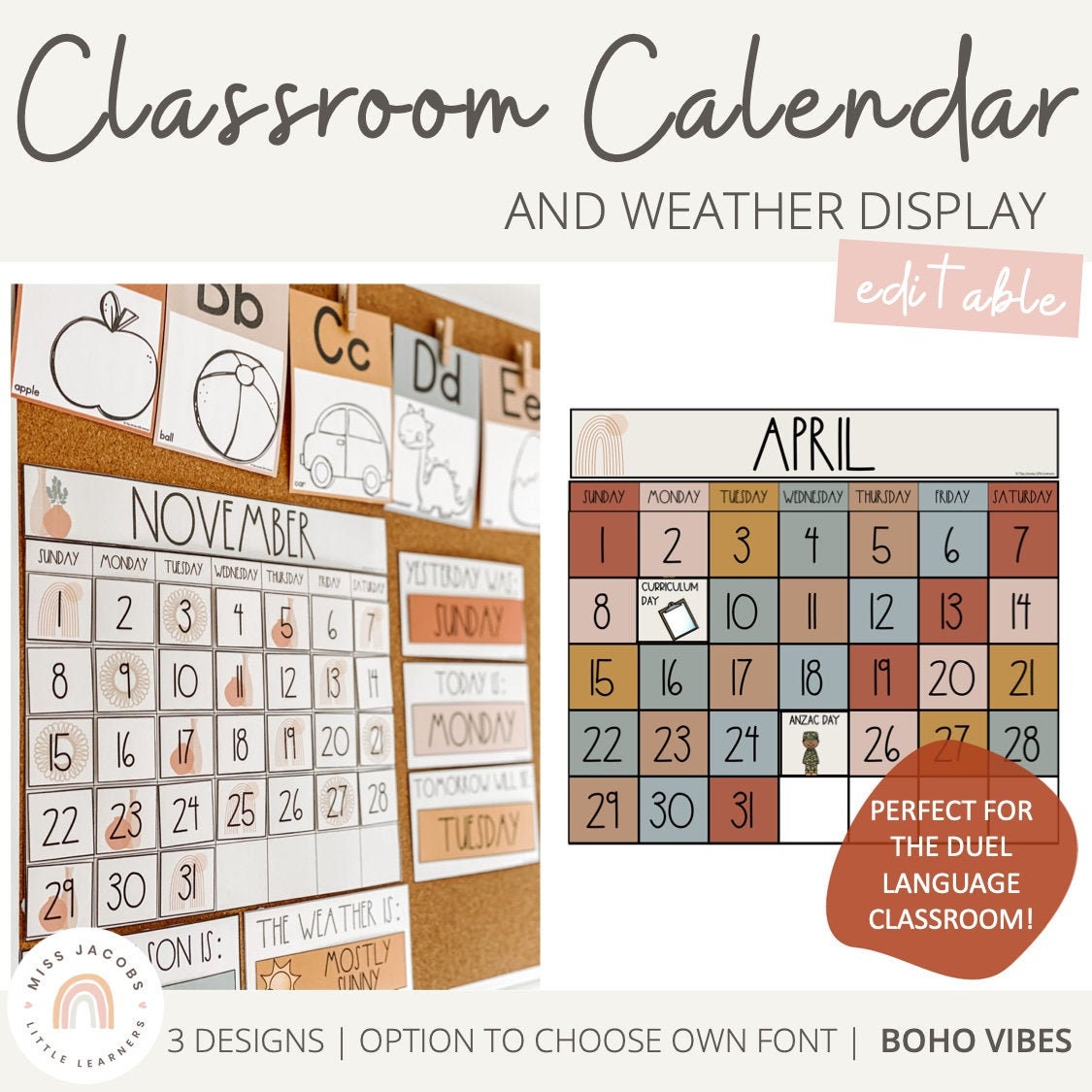 BOHO VIBES Classroom Calendar Editable Desert Neutrals - Etsy España