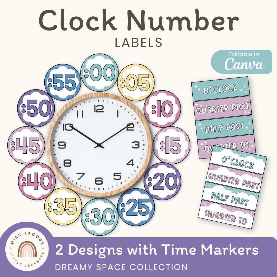 Classroom Clock Labels Display: Dreamy Space Theme Telling Time Minute ...