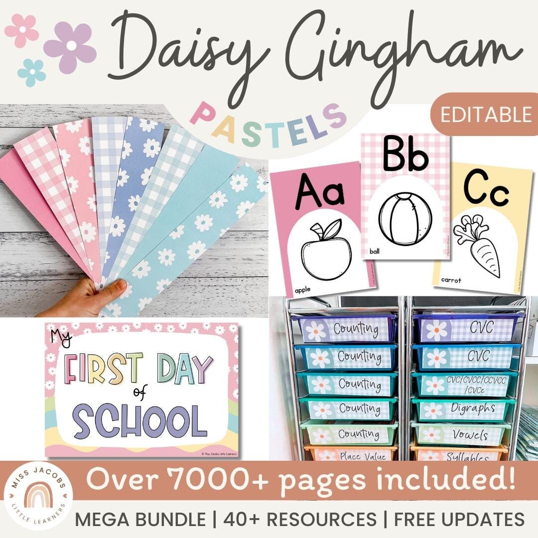 Daisy Gingham Pastels Classroom Decor Bundle | Muted Rainbow Theme ...