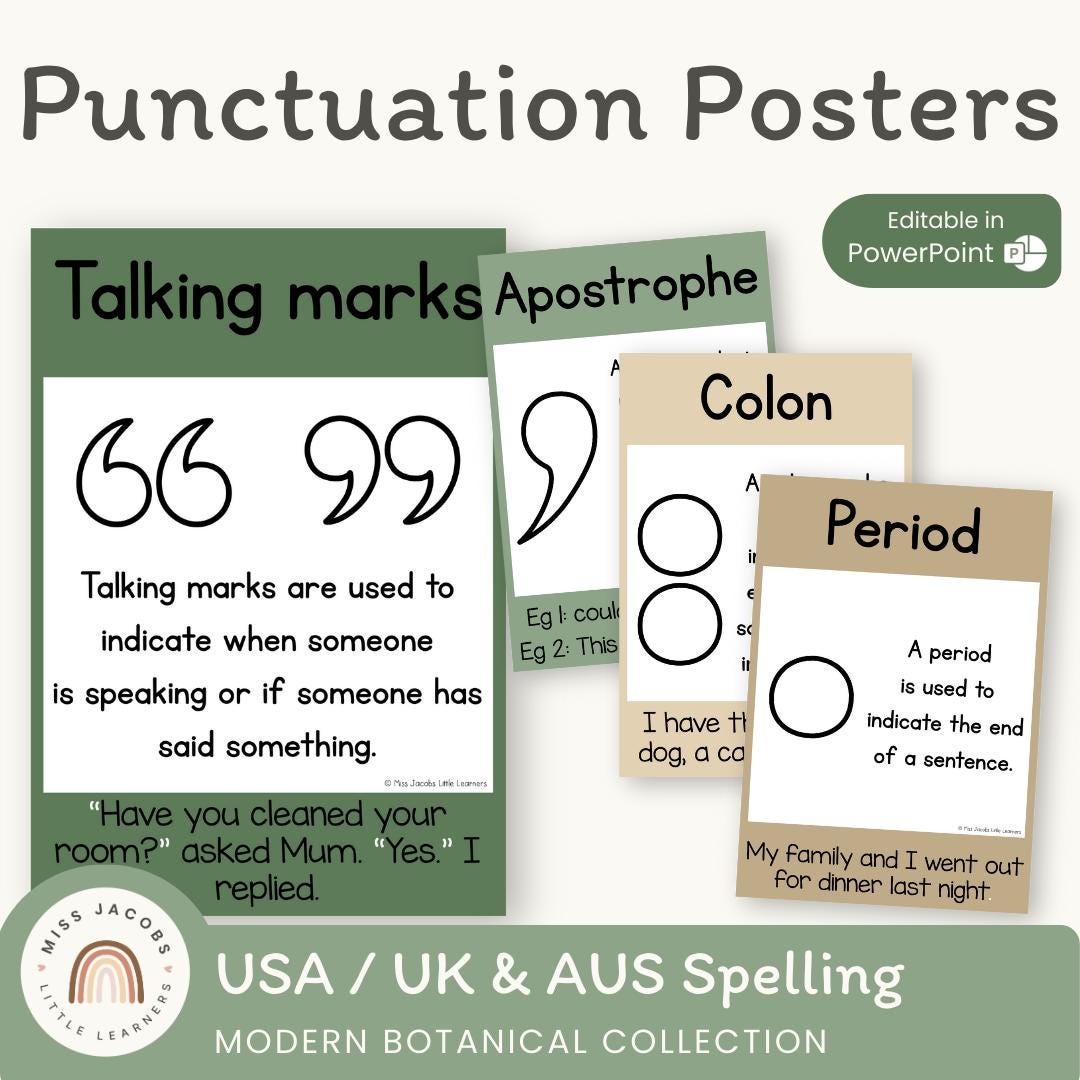 Punctuation Posters, Modern Botanical Theme, Printable ELA Anchor ...