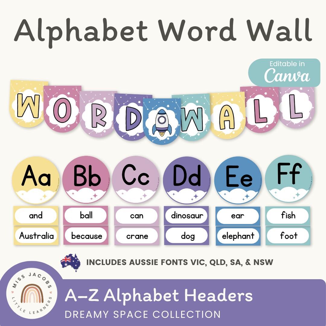 Dreamy Space Alphabet Word Wall: Pastel Theme With Bunting Banner ...