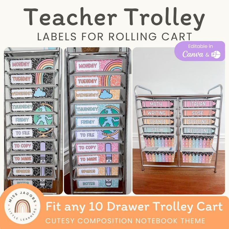 Cutesy Teacher Rolling Cart Editable Labels, Back to School 10 - 12 ...