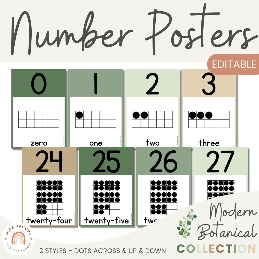 Number Posters 0-100 Ten Frames, Dots Across Dots up and Down, Modern ...