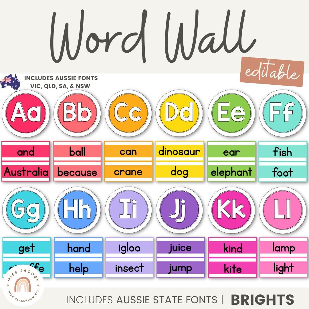 Bright Alphabet Word Wall Classroom Decor, Editable Sight Words Wall ...