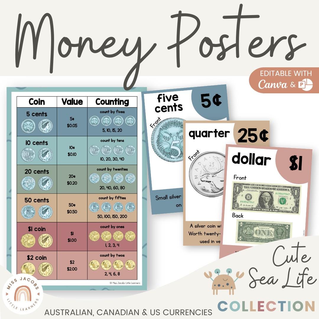 Cute Sea Money Posters, Calming Ocean Dollar & Coin Charts, Printable ...