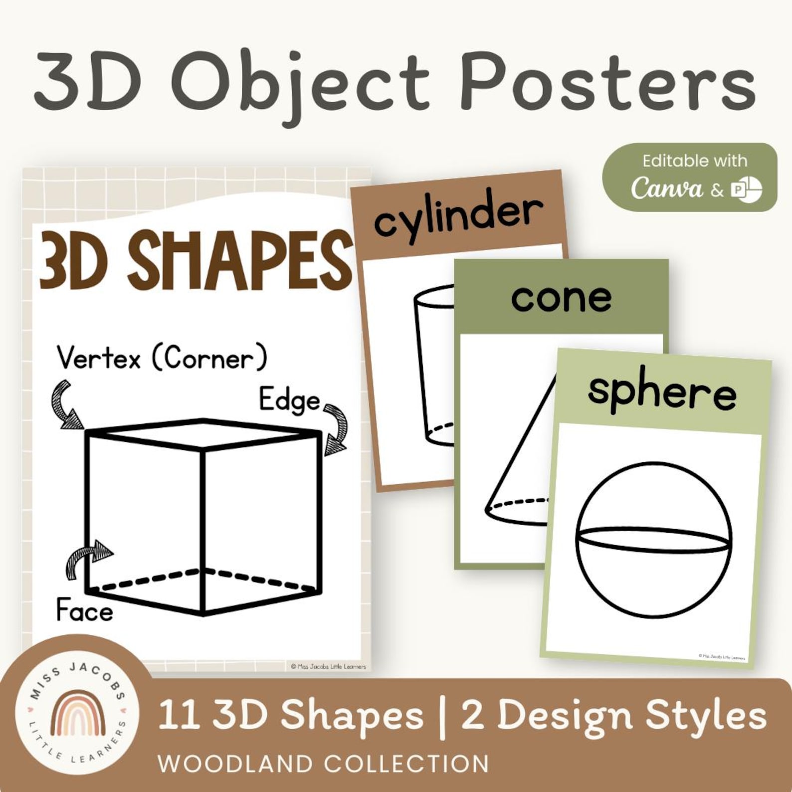 Woodland 3D Shape Posters, Editable Object Shapes Anchor Chart Math ...