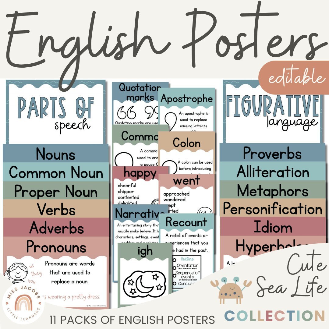 English Posters Bundle Reading and Writing Strategies Cute Sea Life ...