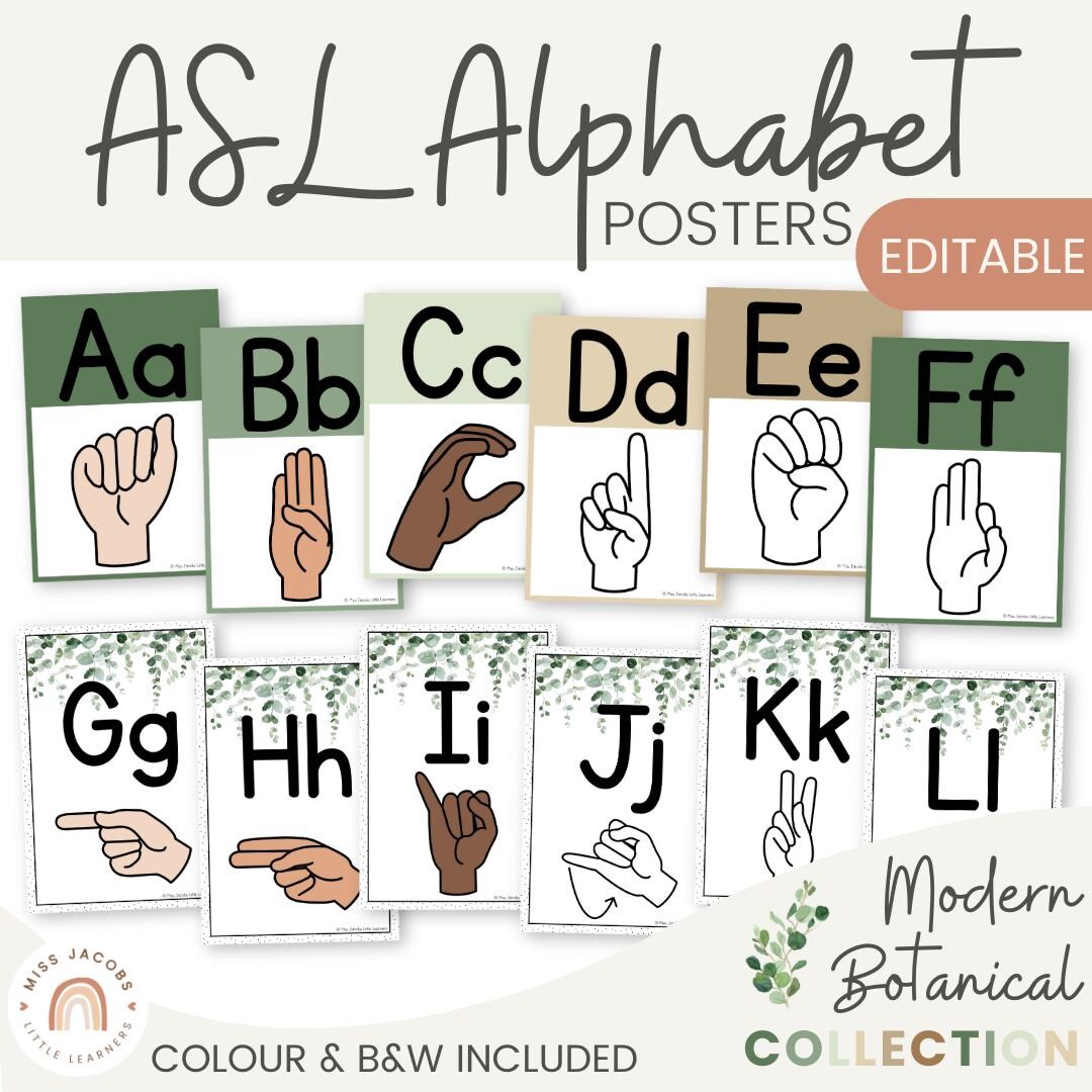 Botanical ASL Alphabet Posters, Printable A–Z Wall Set With Hand ...