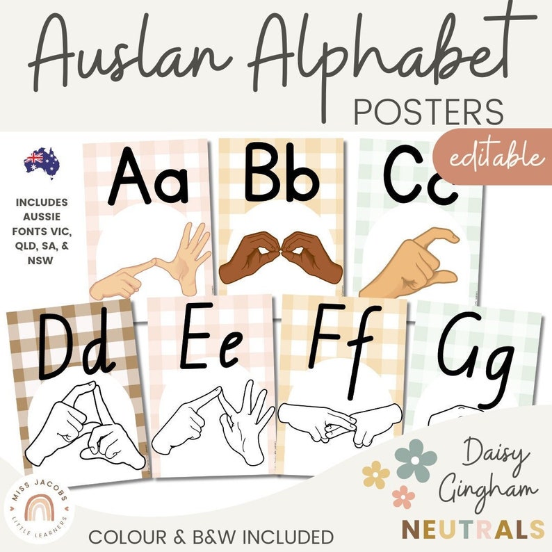 Daisy Gingham Auslan Alphabet Posters: Neutrals Australian Fonts, Sign ...