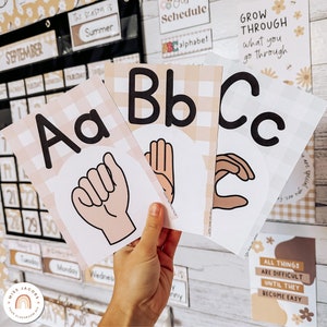 ASL american Sign Language Alphabet Posters Daisy Gingham Neutrals ...