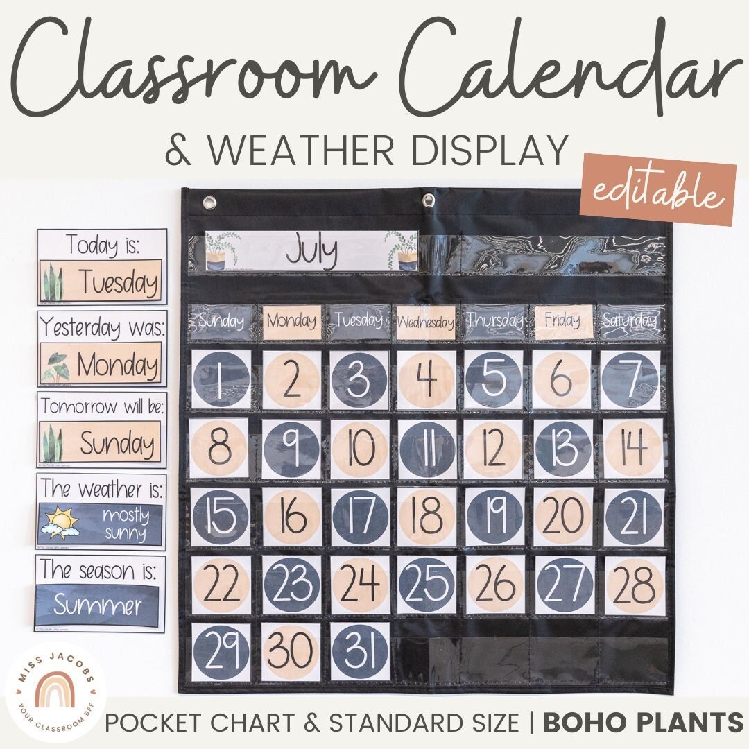 Editable Classroom Calendar | Boho Plants / Rustic Pocket Chart ...