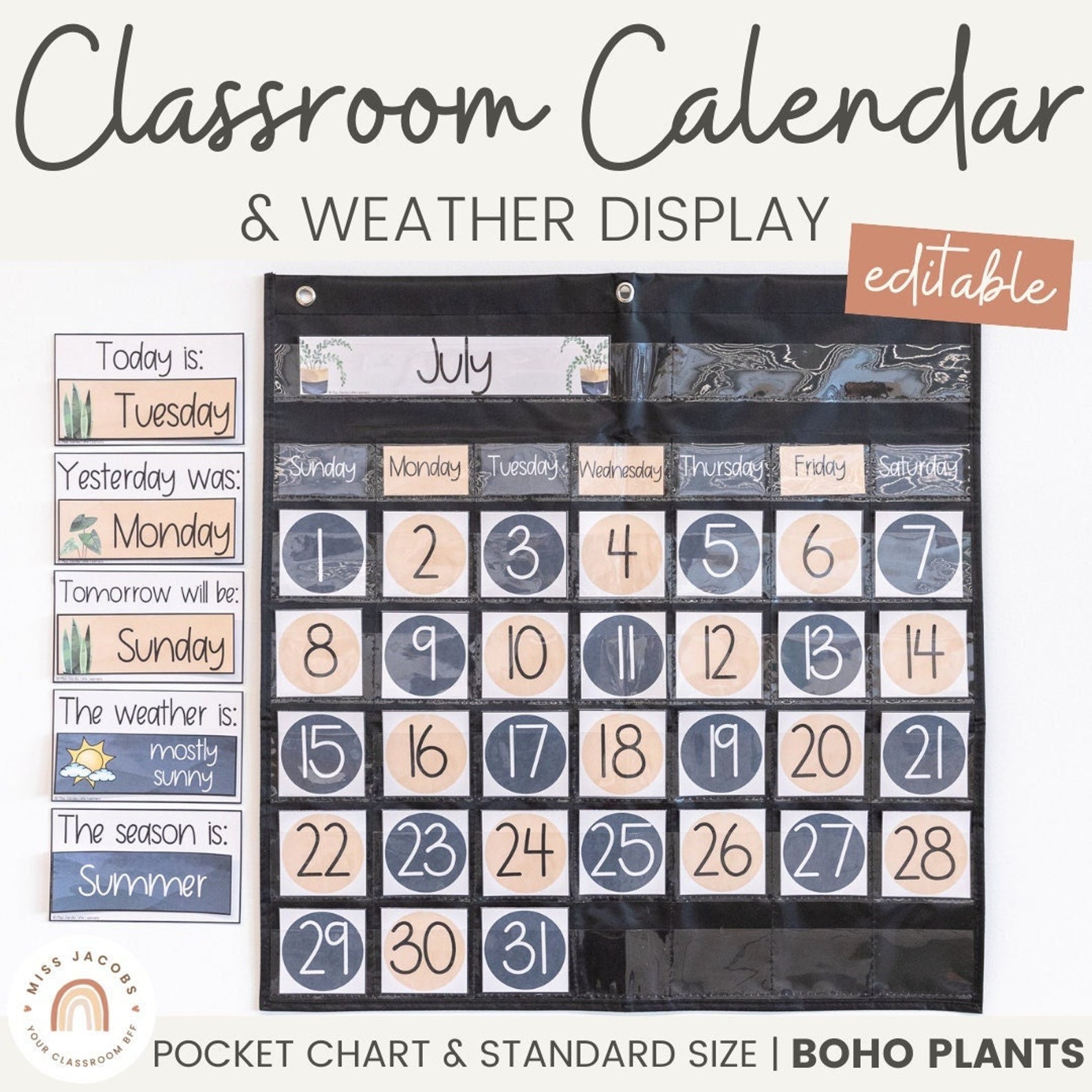 Editable Classroom Calendar Boho Plants / Rustic Pocket - Etsy