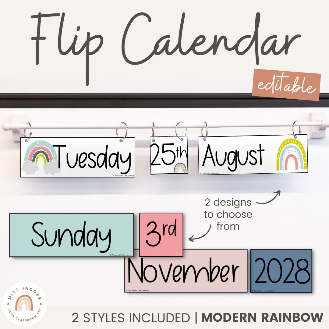 Flip Calendar | Modern Rainbow Calm Color Themed Classroom Decor ...