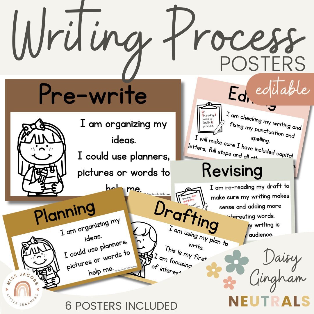 Writing Process Posters | Daisy Gingham Neutrals English Classroom ...