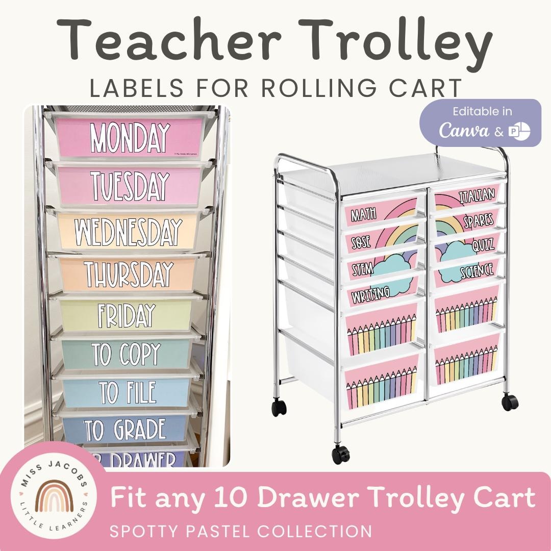 Teacher Trolley Labels | 10 Drawer Cart Labels | SPOTTY PASTELS ...