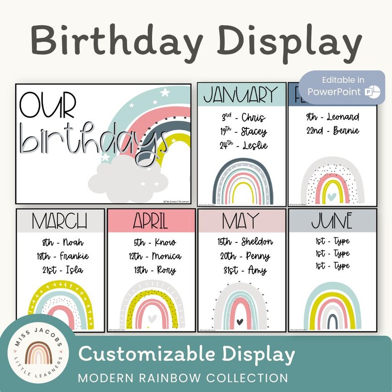 MODERN RAINBOW Birthday Display | Editable | Calm Colors Classroom ...