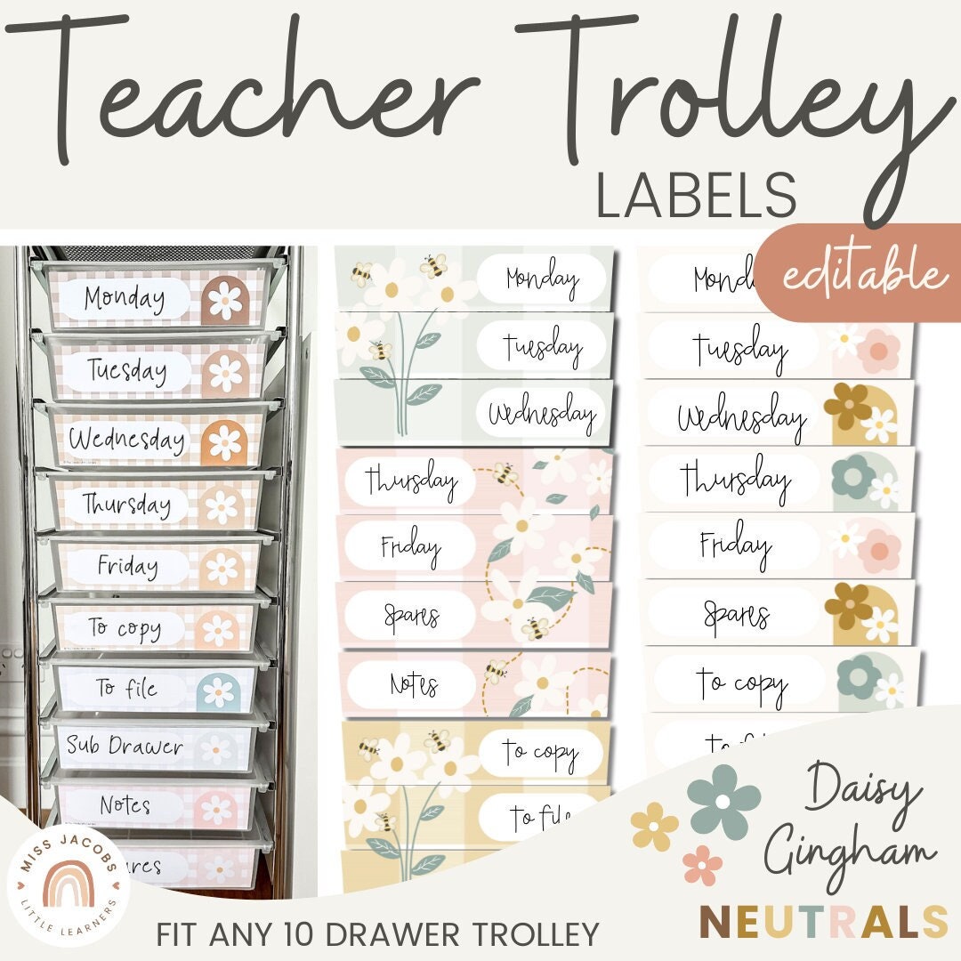 Teacher Trolley Labels | 10 Drawer Cart Labels in Daisy Gingham ...