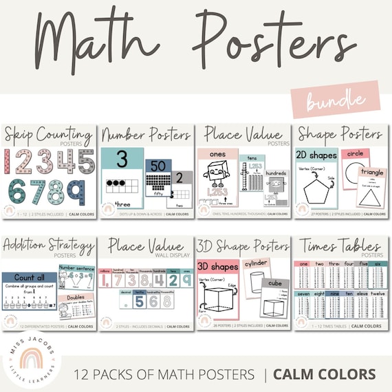 CALM COLORS Math Posters Bundle Modern Rainbow Classroom | Etsy