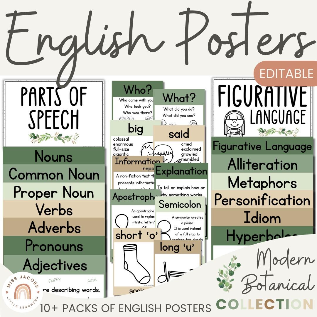 BOTANICAL English Classroom Posters Bundle (set of 12), Modern ...