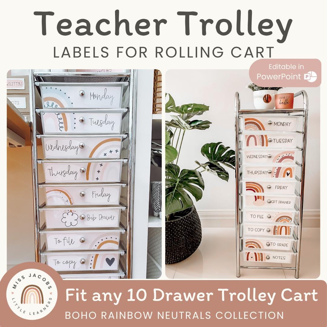 BOHO RAINBOW Teacher Rolling Cart Labels | Editable | Neutral Rainbow ...