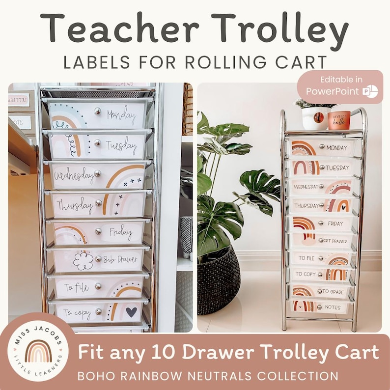 BOHO RAINBOW Teacher Rolling Cart Labels | Editable | Neutral Rainbow ...