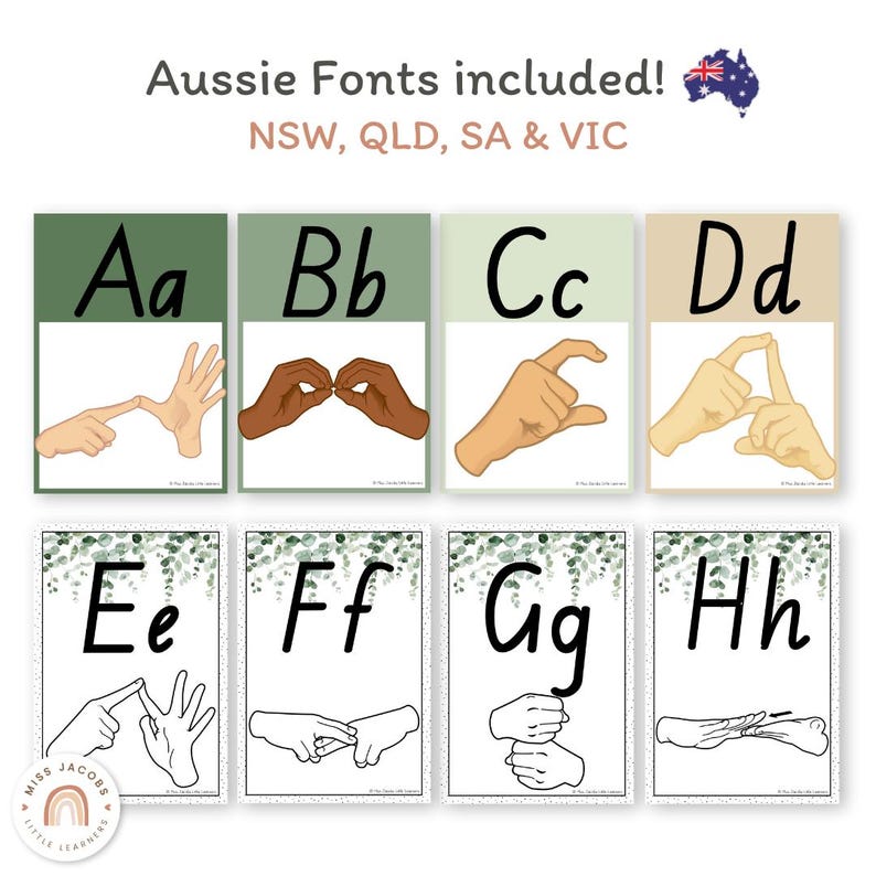 Auslan Alphabet Posters, Modern Botanical A–Z Hand Signal Wall Set ...