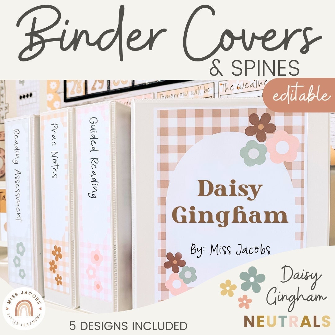 Binder Covers and Spines | Daisy Gingham Neutrals Classroom Decor ...